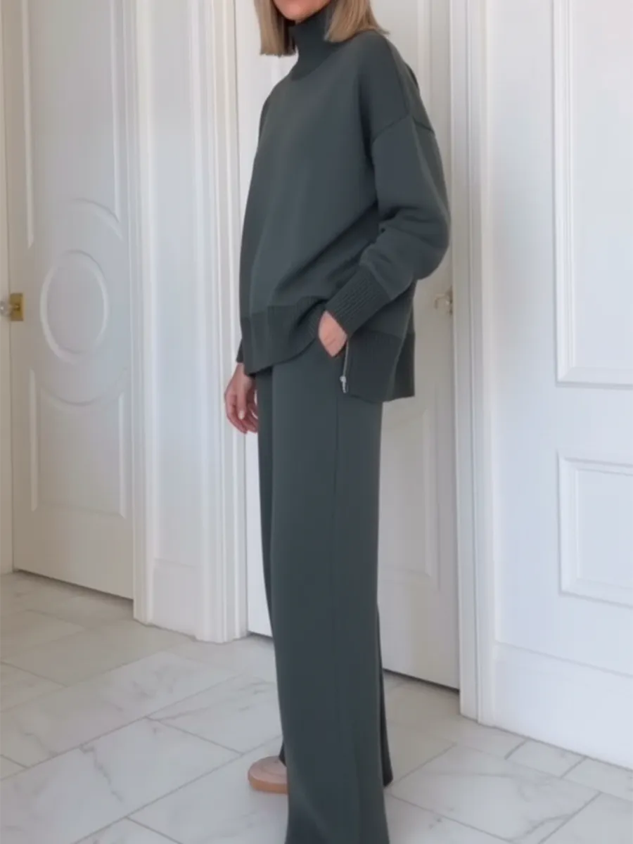 Casual Travel Stand Collar Side Zipper Top Straight Pants Two-Piece Set ...